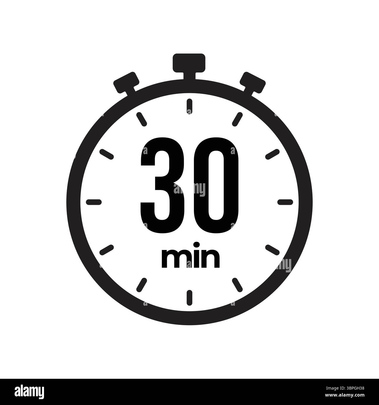 Stopwatch showing 30 minutes with time indicator in black and white ...