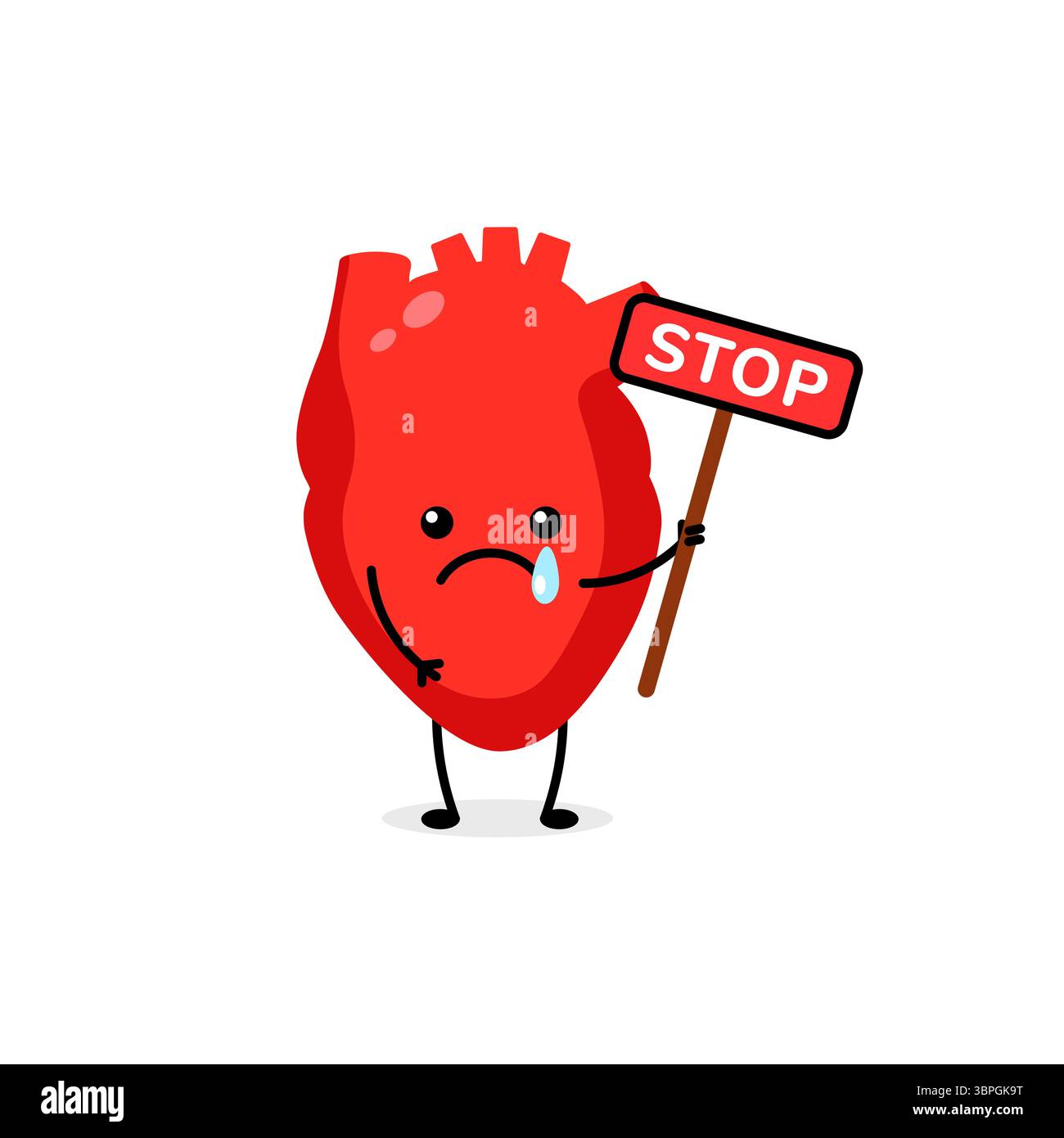 Heart holds stop sign with sad expression and tear drop in simple ...