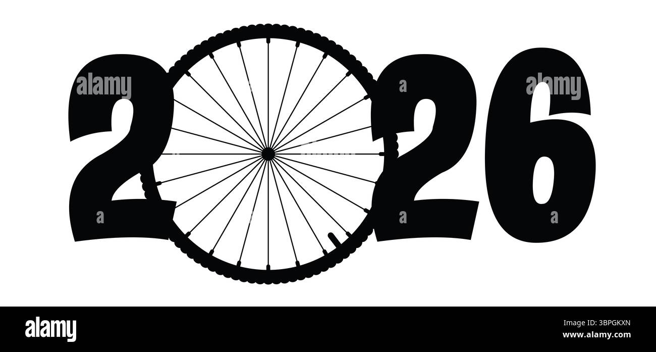 Happy new year 2026. Cartoon cycling wheels line pattern. Sport icon ...