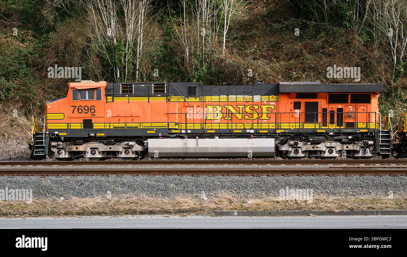 Everett, WA, USA - March 7, 2025; Side view of BNSF freight locomotive ...