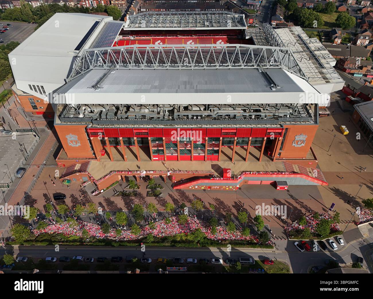 A drone image of Anfield with tributes outside in memory of Liverpool ...