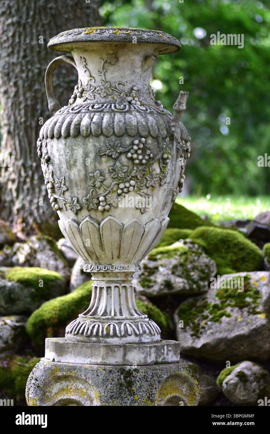 Ornamental vintage stone urn with detailed floral carvings standing in ...