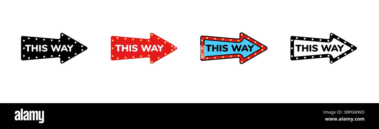 Icon set of arrows with text this way in various styles and colors for ...
