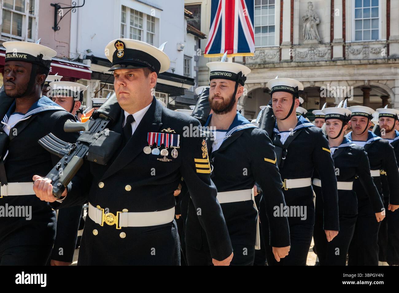 Windsor, UK. 8th July, 2025. Military personnel in uniform pass along ...