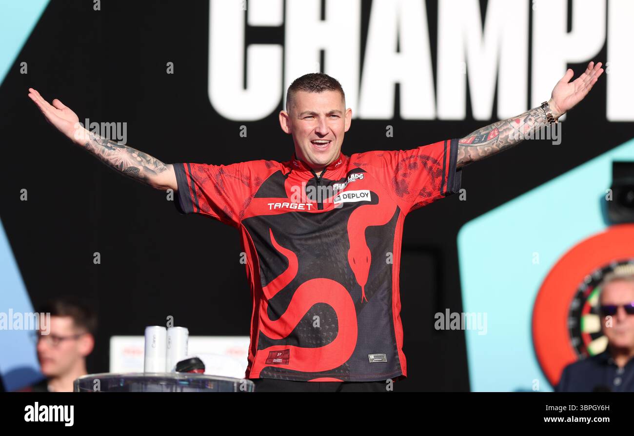 Nathan Aspinall before playing Luke Littler during The Hyde Park Darts ...