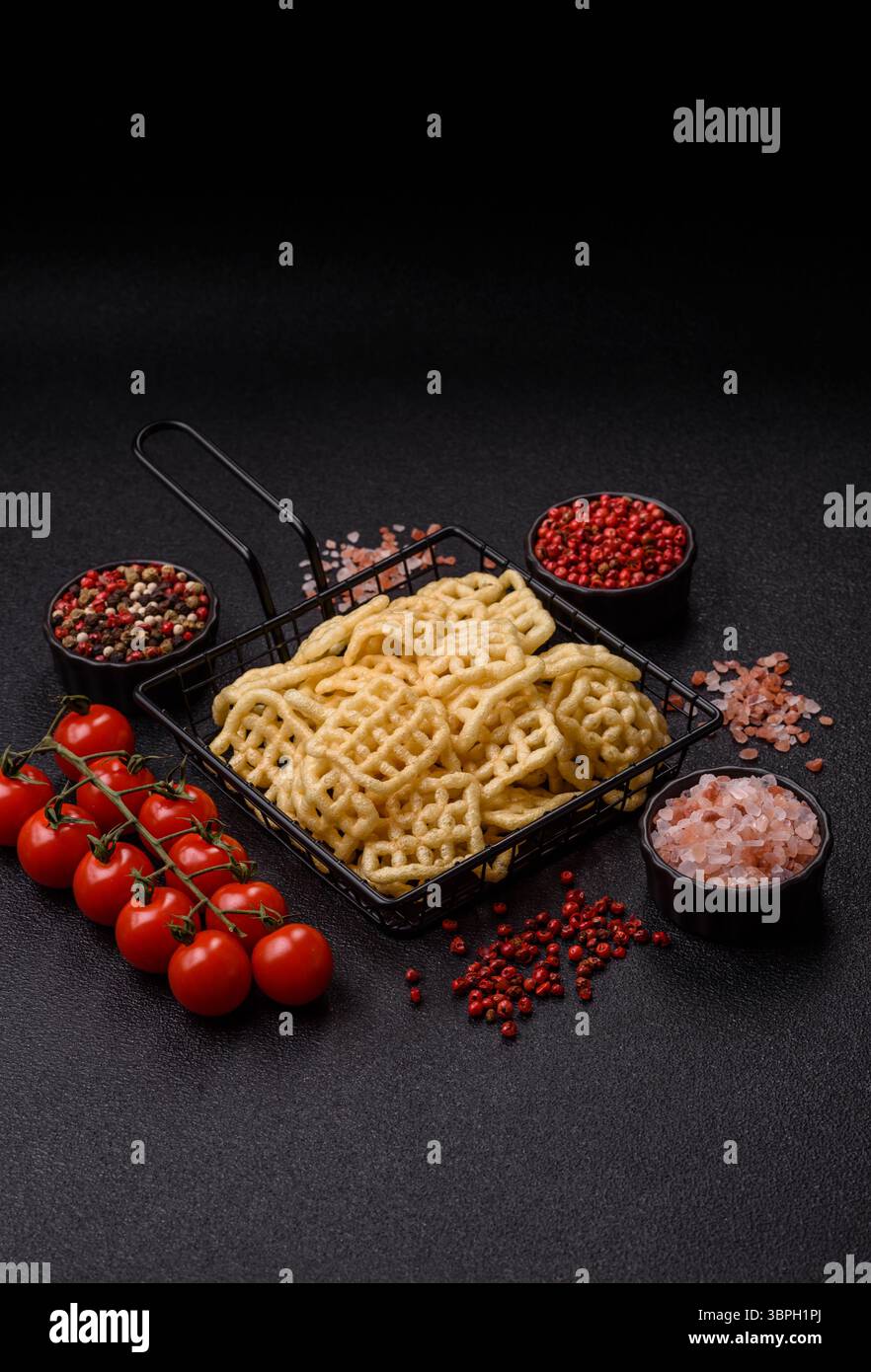 Lattice or wafer potato chips, crispy yellow snacks, takeaway food ...