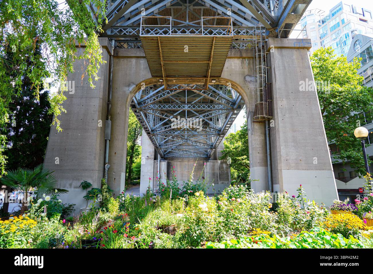 Burrard Street Bridge, an Art-Deco style, steel truss bridge spanning ...