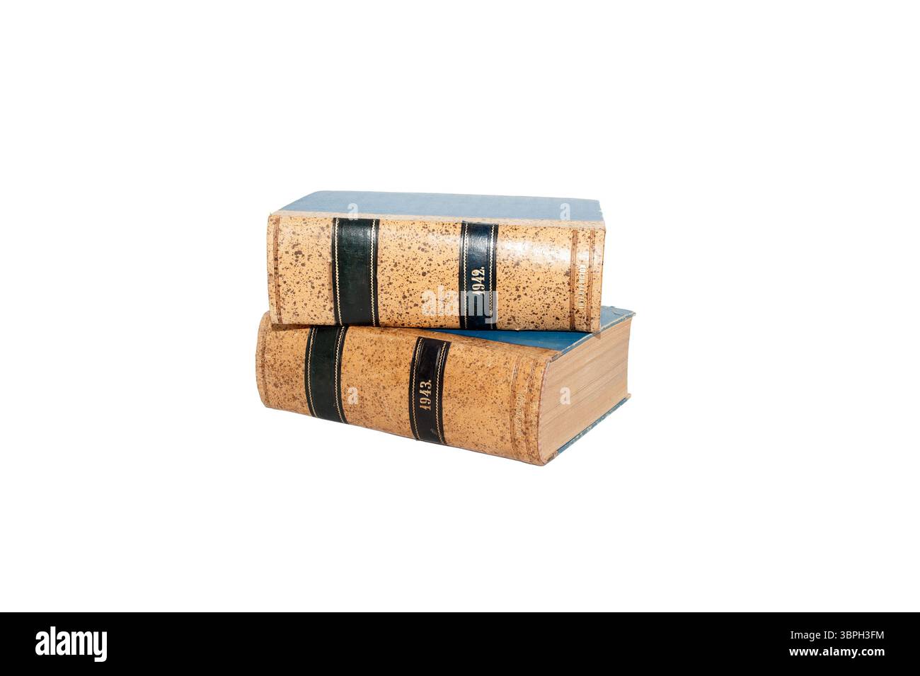 five old books placed in a row on white background Stock Photo - Alamy