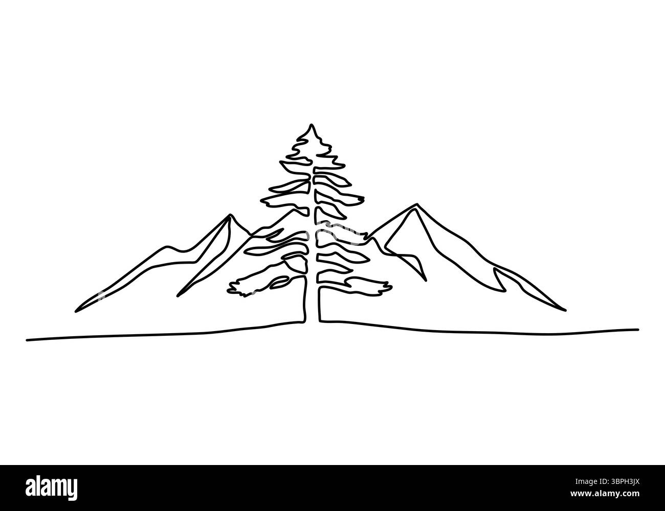 Mountains and the tree. One line drawing vector illustration Stock ...