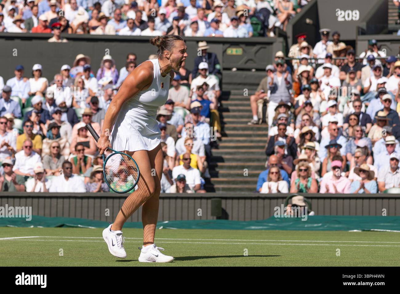 London, UK. 08th July, 2025. Aryna Sabalenka during her Wimbledon 2025 ...
