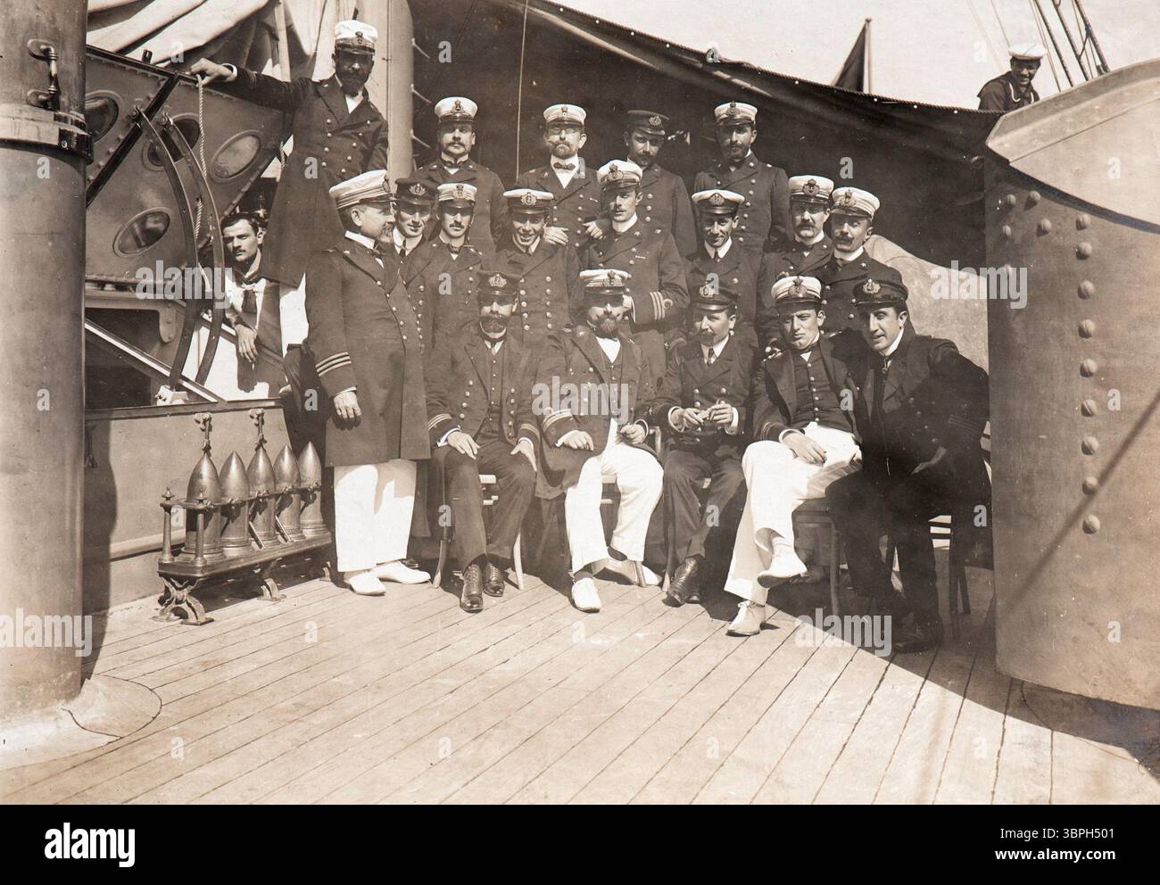 Group of chilean officers of the cruise Esmeralda, posing for a photo ...