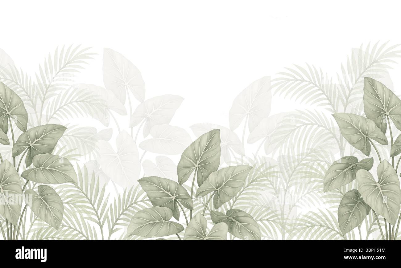 Soft green foliage mural with layered leaves – botanical wallpaper for ...