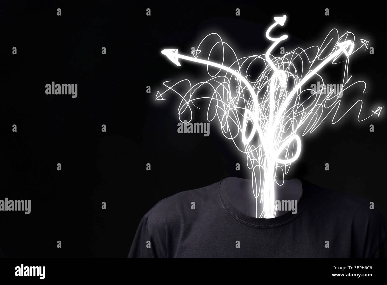 Confused thoughts. Man with doodles instead of his head on black ...