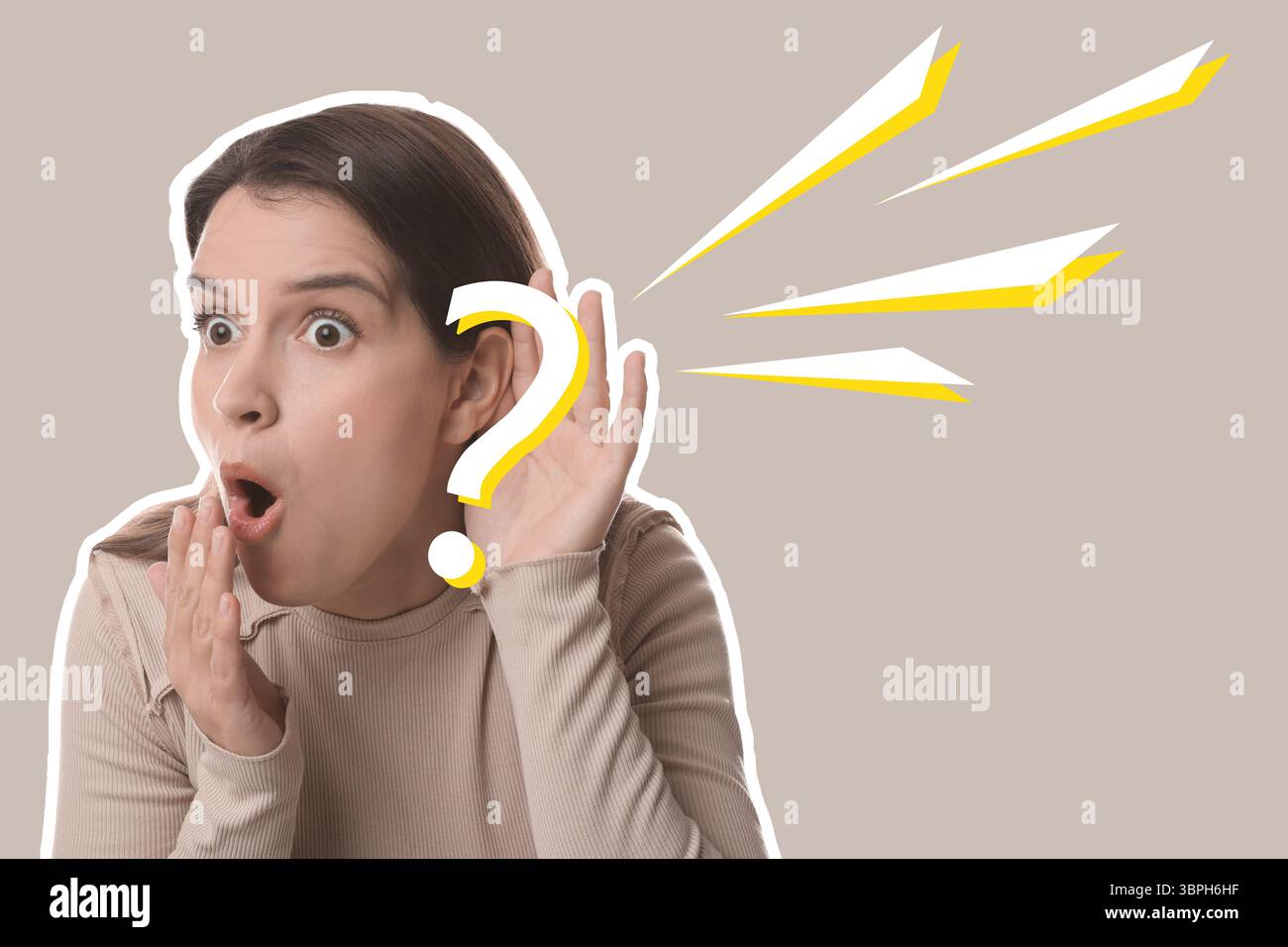 Eavesdropping, creative collage. Shocked woman holding hand to ear and ...