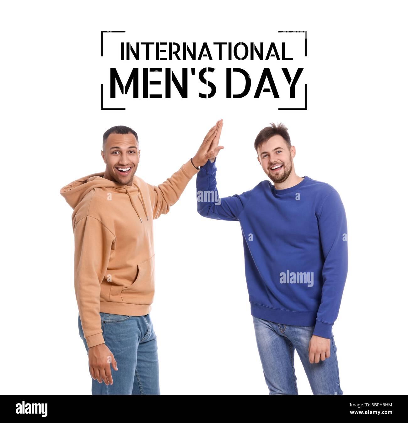 International Men's Day card. Happy men giving high five against white ...