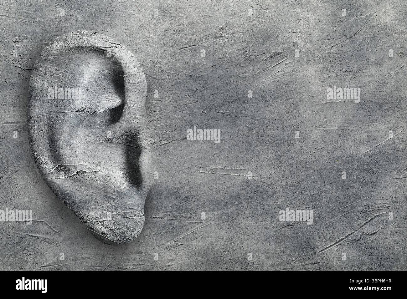 Human ear in grey stone wall, space for text. Eavesdropping, concept ...