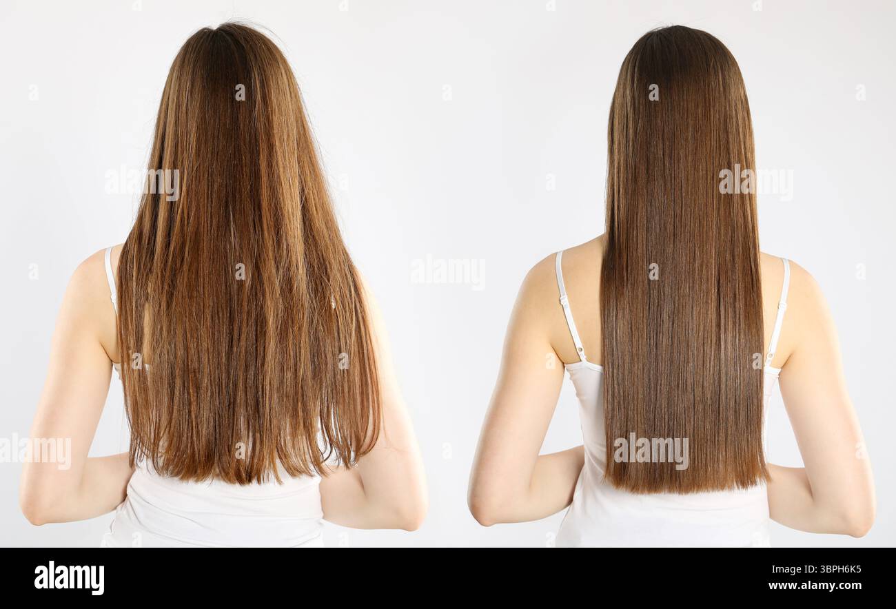 Hair combing, straightening. Woman showing hairstyle before and after ...