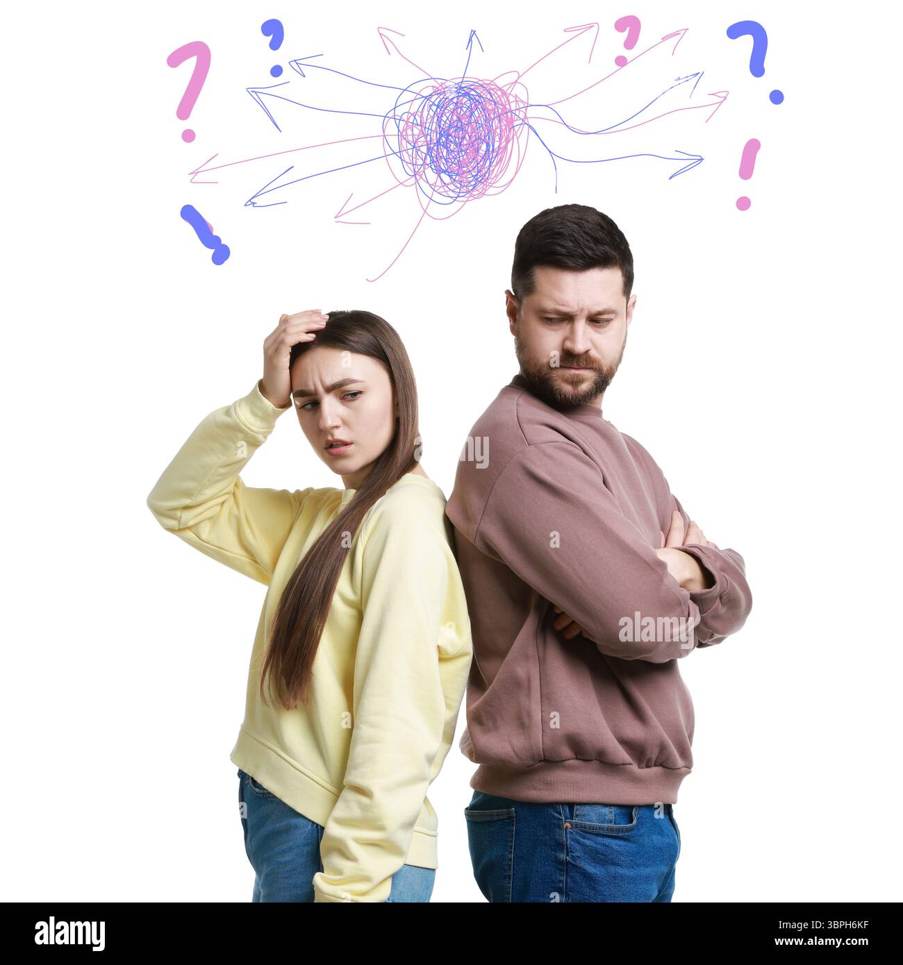 Worried man and woman on white background. Confused thoughts as doodles above their heads ...