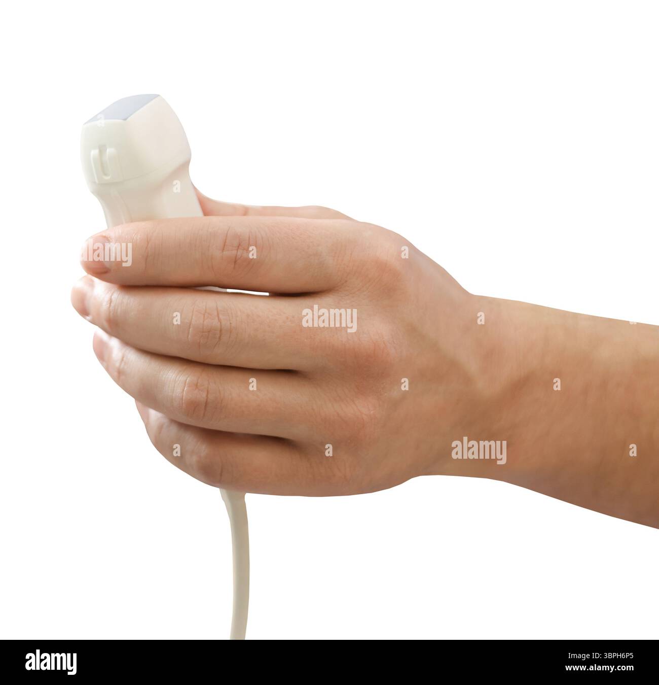Sonographer holding ultrasonic transducer on white background, closeup ...