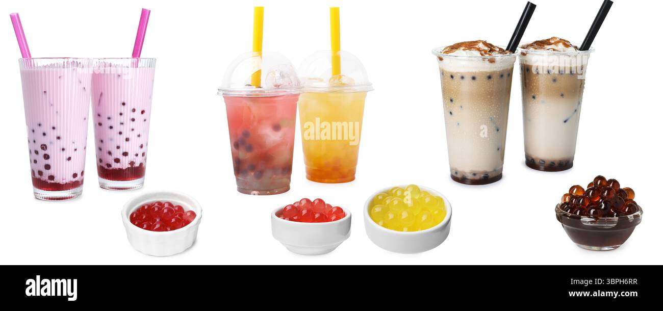 Bubble tea of different flavors and tapioca pearls on white background ...