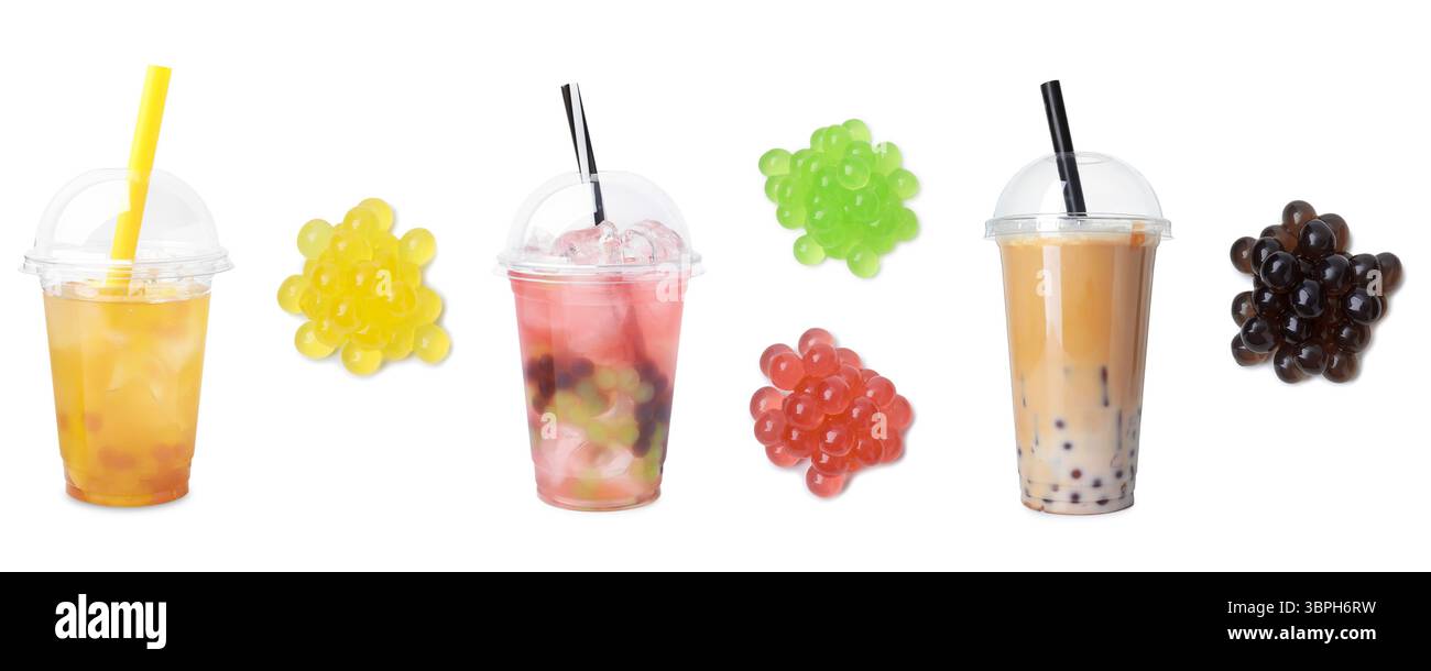Bubble tea of different flavors and tapioca pearls on white background ...