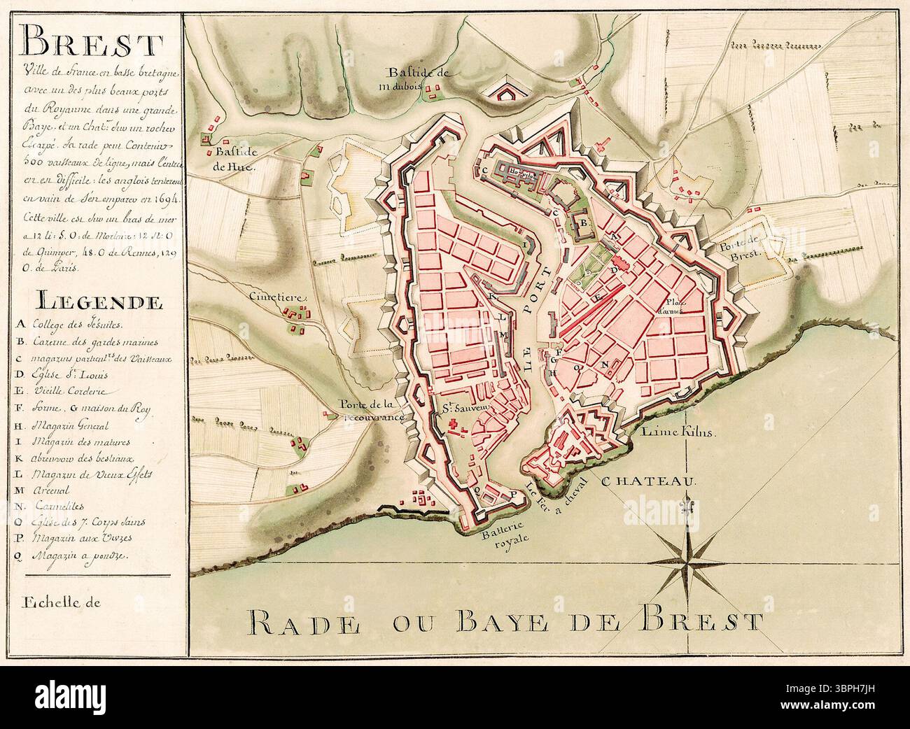 Historical map of Brest, France, showing the fortified city and naval ...