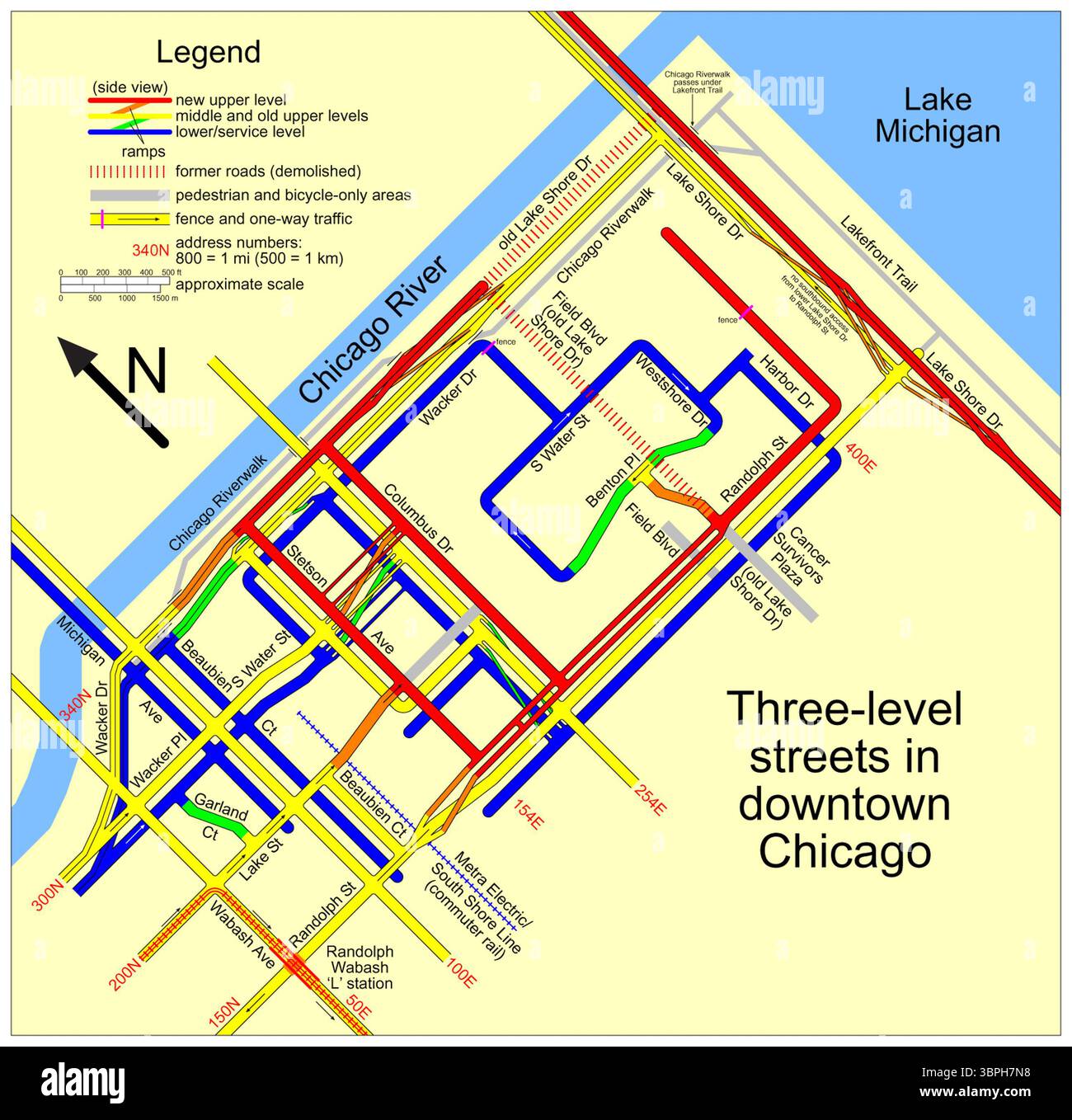 Detailed map showing the multilevel streets of downtown Chicago near ...