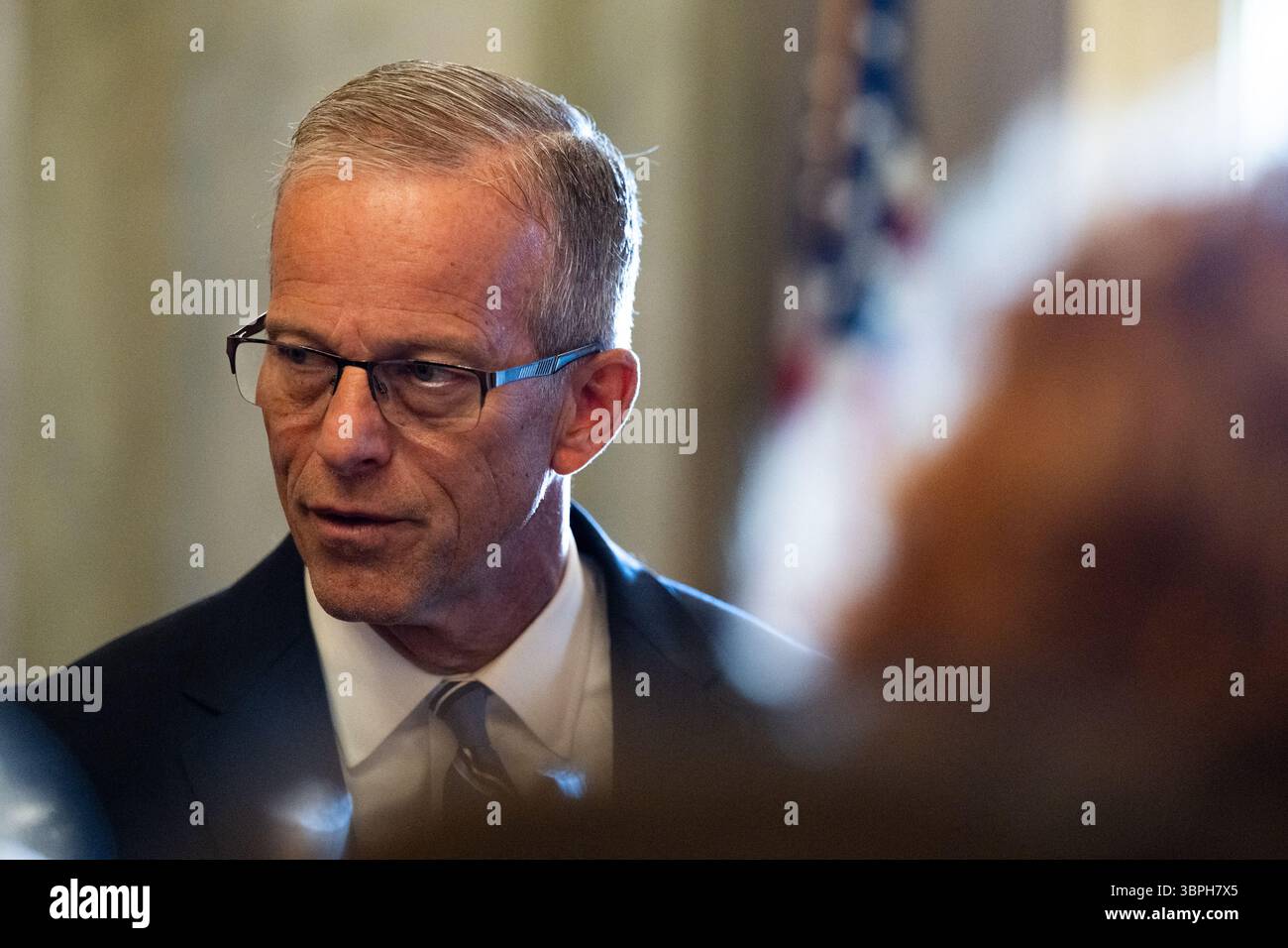 Senate Majority Leader John Thune, R-SD speaks to the press in the US ...