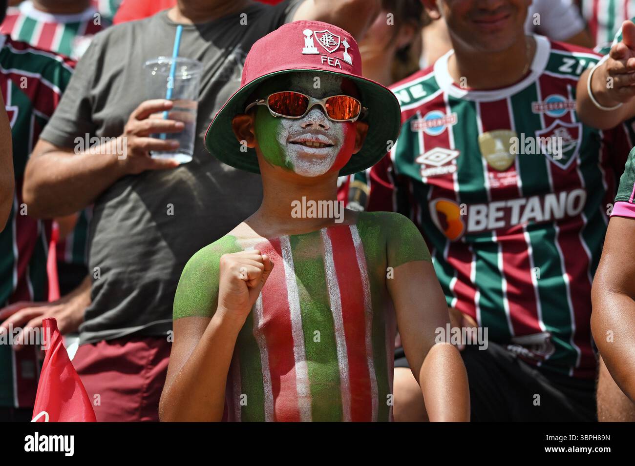 A young Fluminense FC fan wears his team colors as body paint at the ...