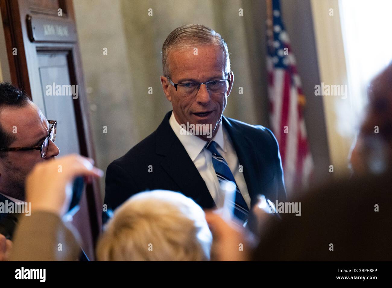 Senate Majority Leader John Thune, R-SD speaks to the press in the US ...