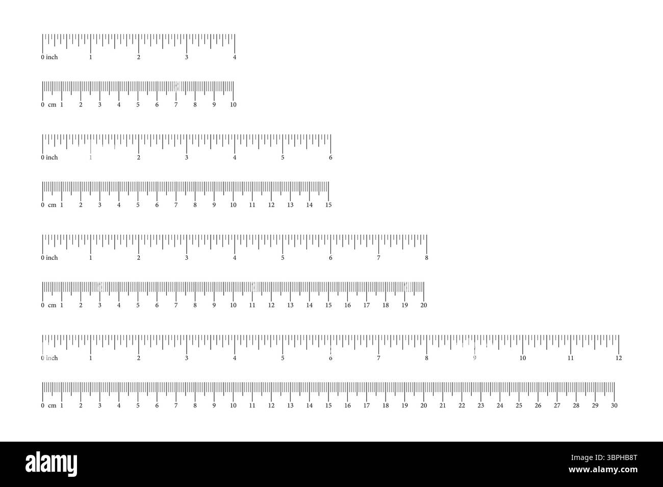 Set of scale, ruler with 10, 15, 20, 30 centimeter, 4, 6, 8, 12 inches ...