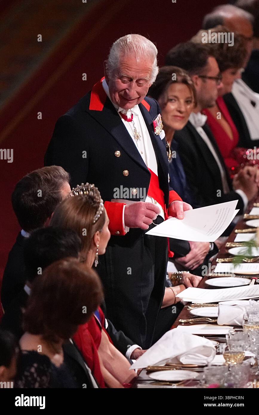 King Charles III speaking at the State Banquet for President of France ...