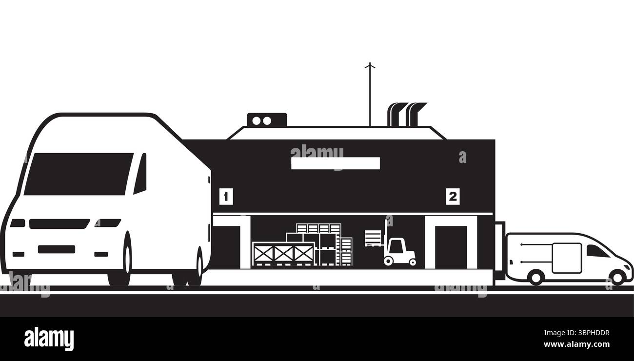 Pickups loading pallets from warehouse - vector illustration Stock ...