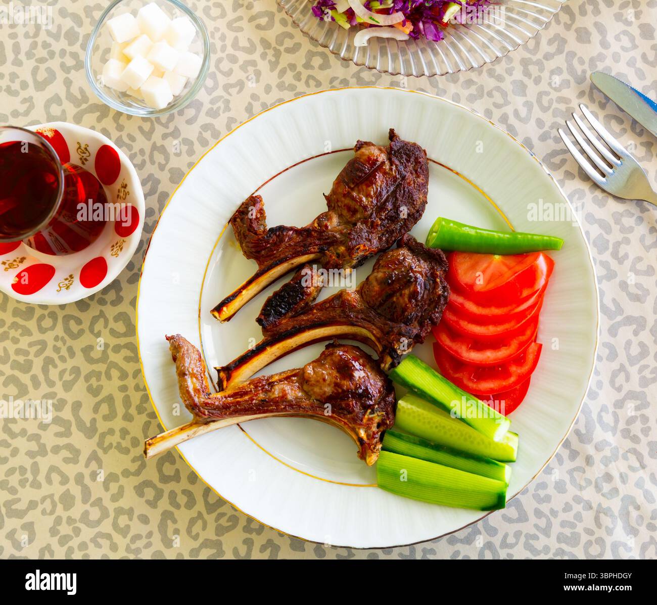 Grilled lamb mutton meat chops steaks on cutting board. Top view Stock ...