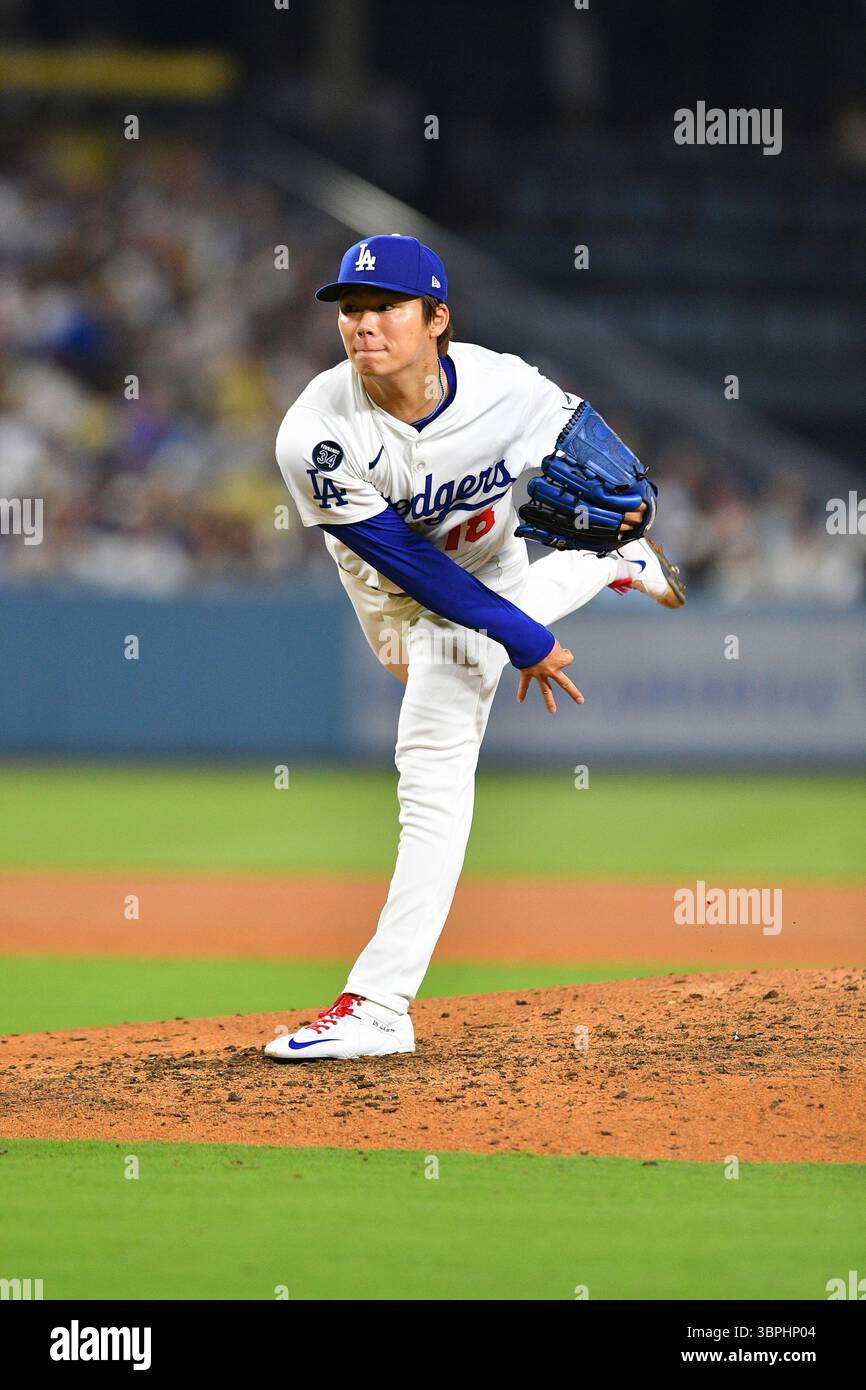 LOS ANGELES, CA - JULY 01: Los Angeles Dodgers pitcher Yoshinobu ...