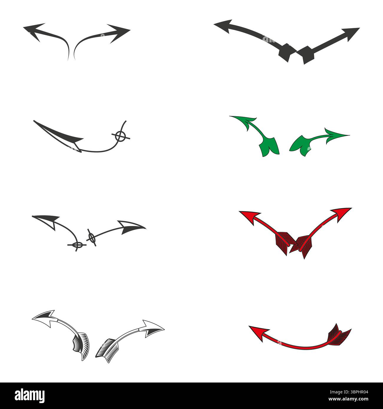 Arrow combinations set. Split curved arrows. Stylized direction collection. Creative movement ...