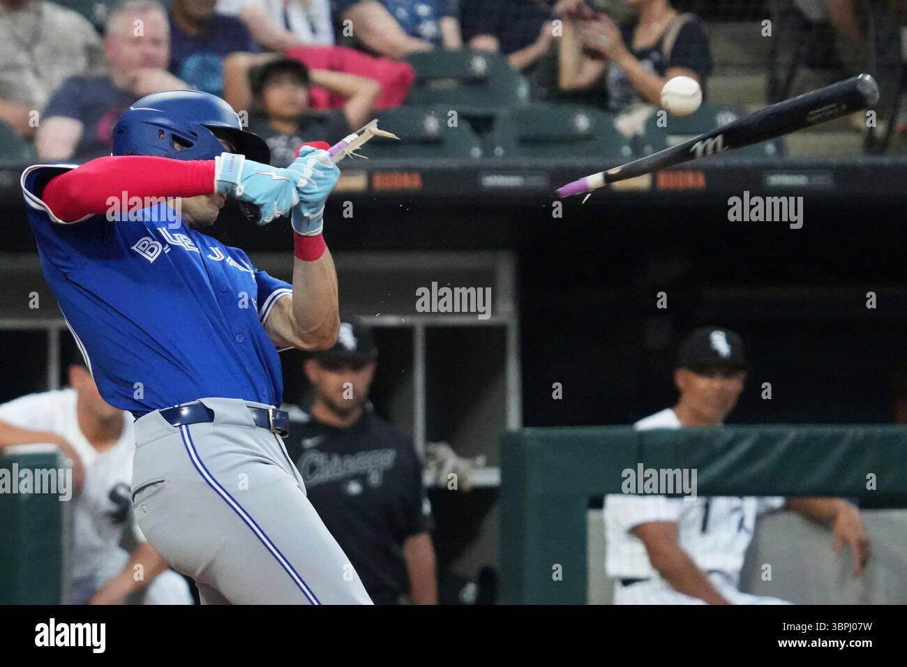 Toronto Blue Jays' Joey Loperfido breaks his bat as he grounds out ...
