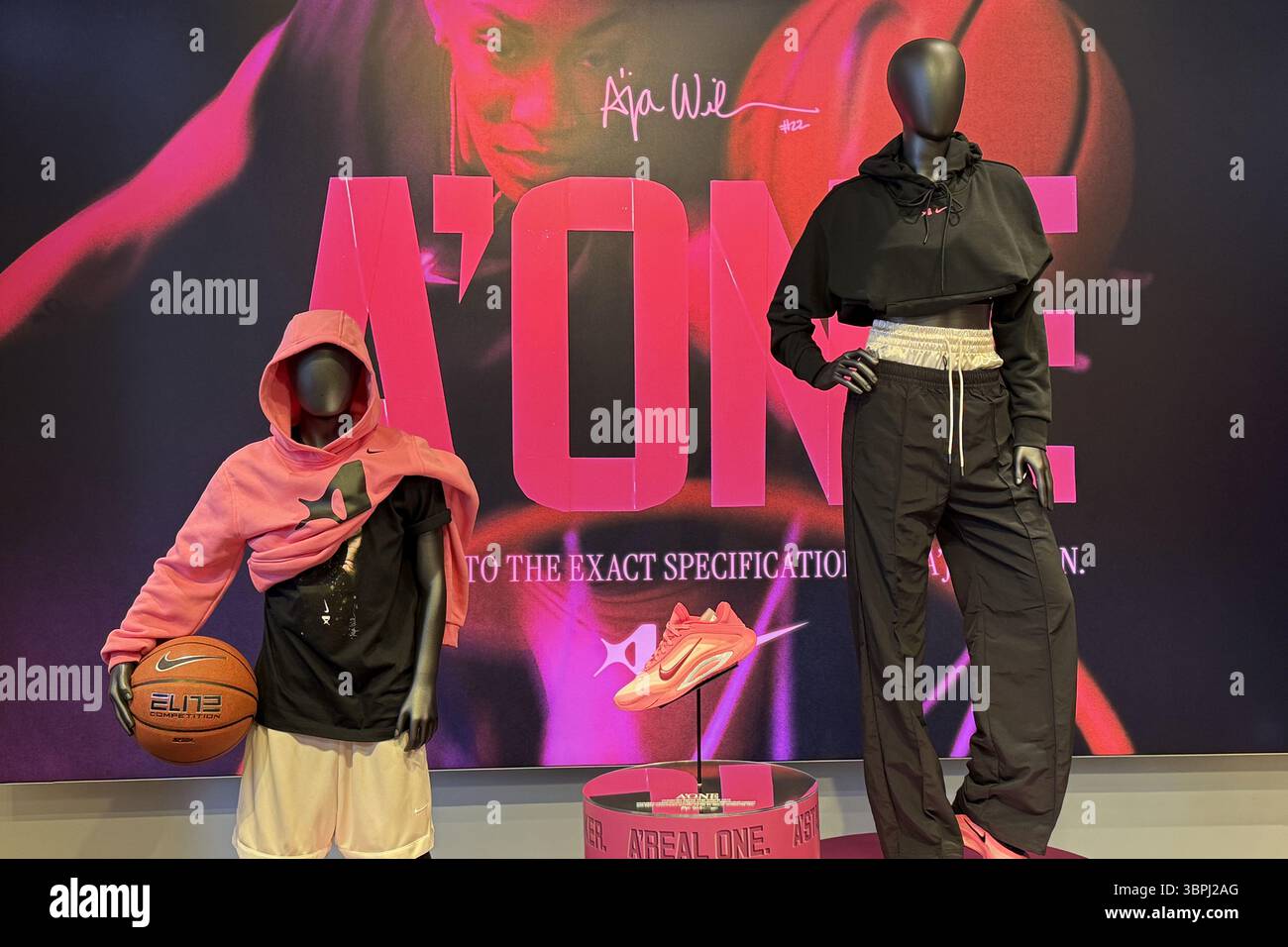 An A'ja Wilson A'One women's basketball apparel and shoe display at ...