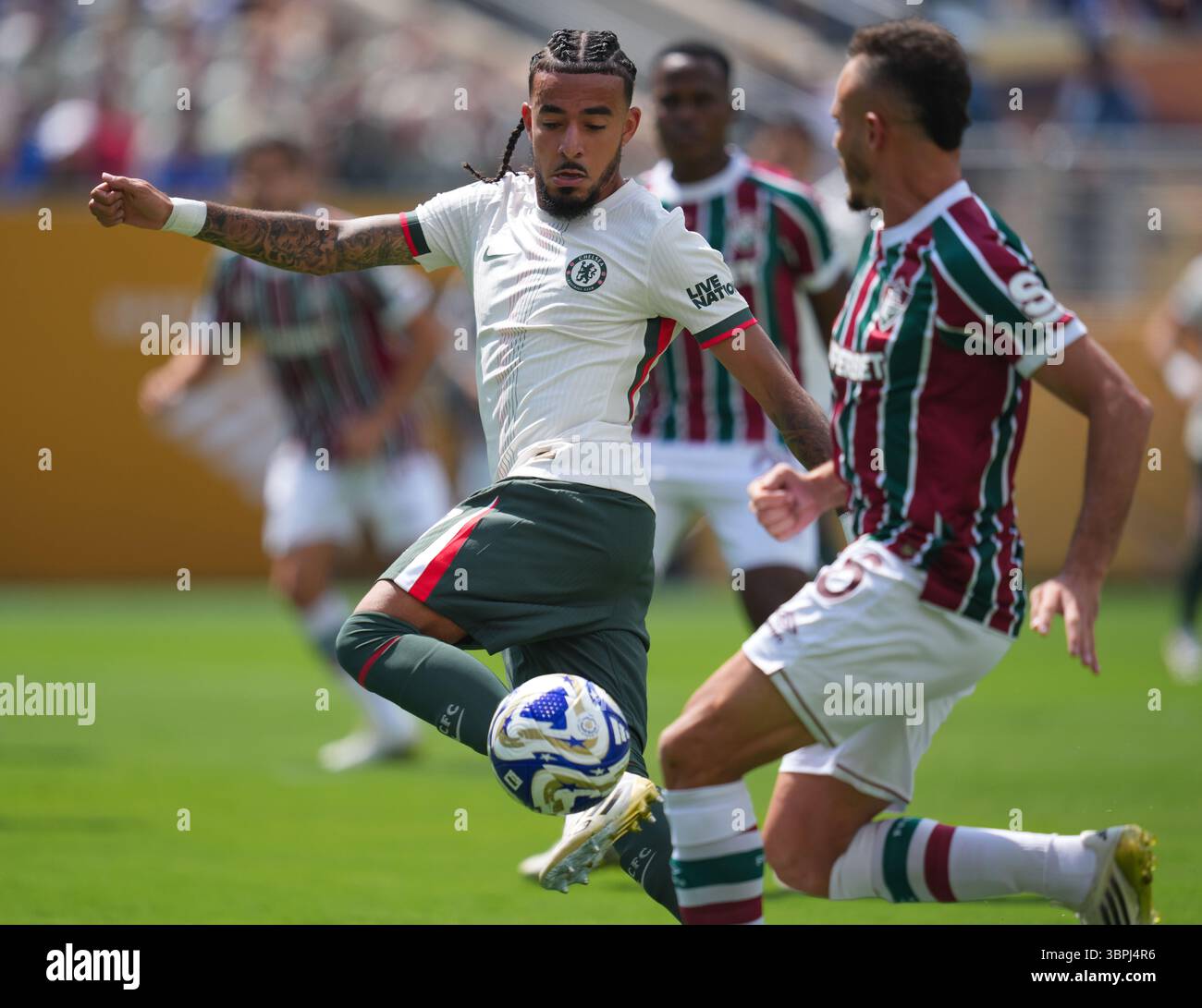 New Jersey, USA. 8th July, 2025. Malo Gusto of Chelsea controls the ...