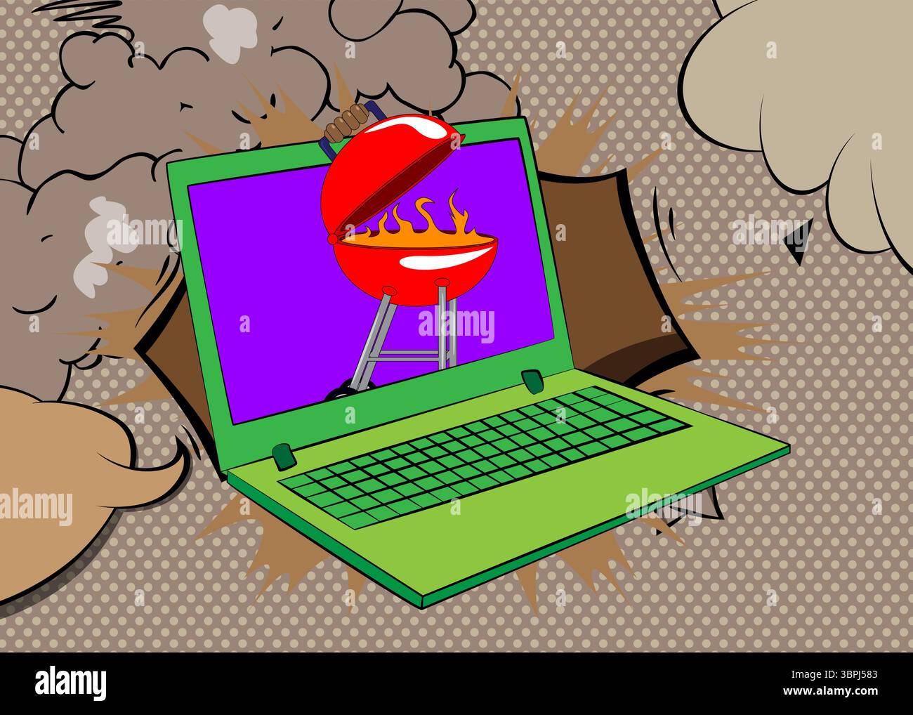 Cartoon Laptop, comic book Notebook with Burning wood in barbeque grill ...