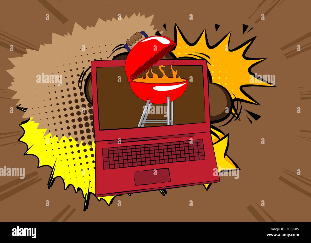 Cartoon Laptop, comic book Notebook with Burning wood in barbeque grill ...