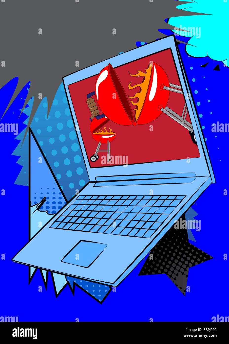 Cartoon Laptop, comic book Notebook with Burning wood in barbeque grill ...