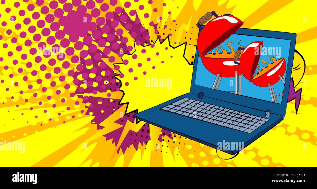 Cartoon Laptop, comic book Notebook with Burning wood in barbeque grill ...