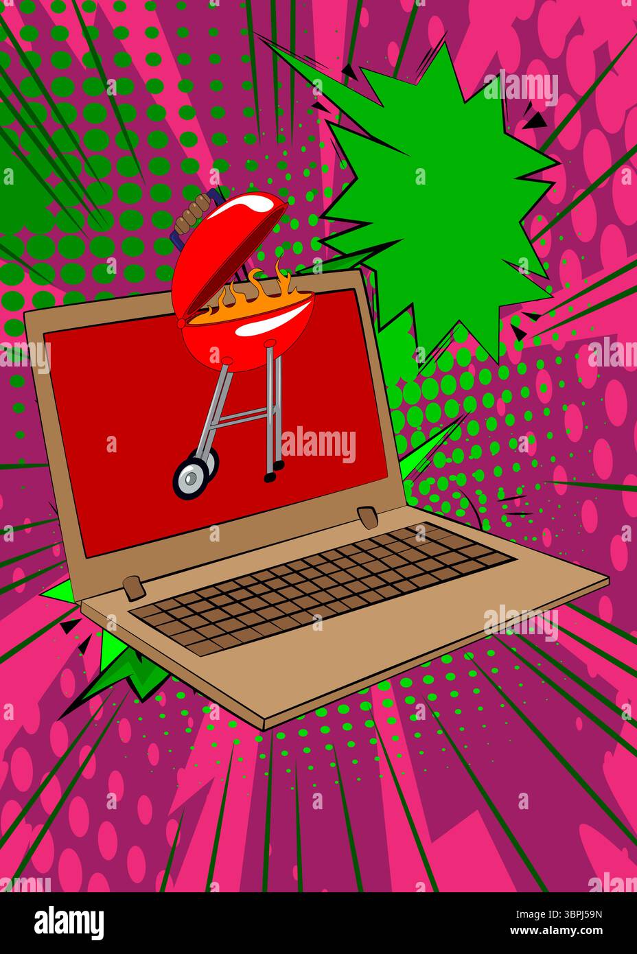 Cartoon Laptop, comic book Notebook with Burning wood in barbeque grill ...