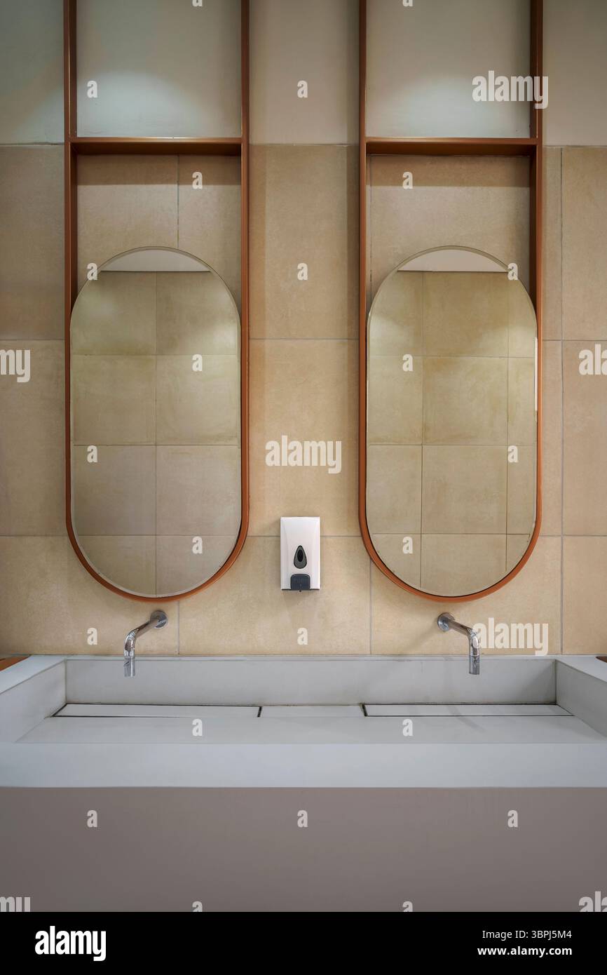 Symmetrical modern bathroom with two oval mirrors, a long trough sink, and chrome faucets ...