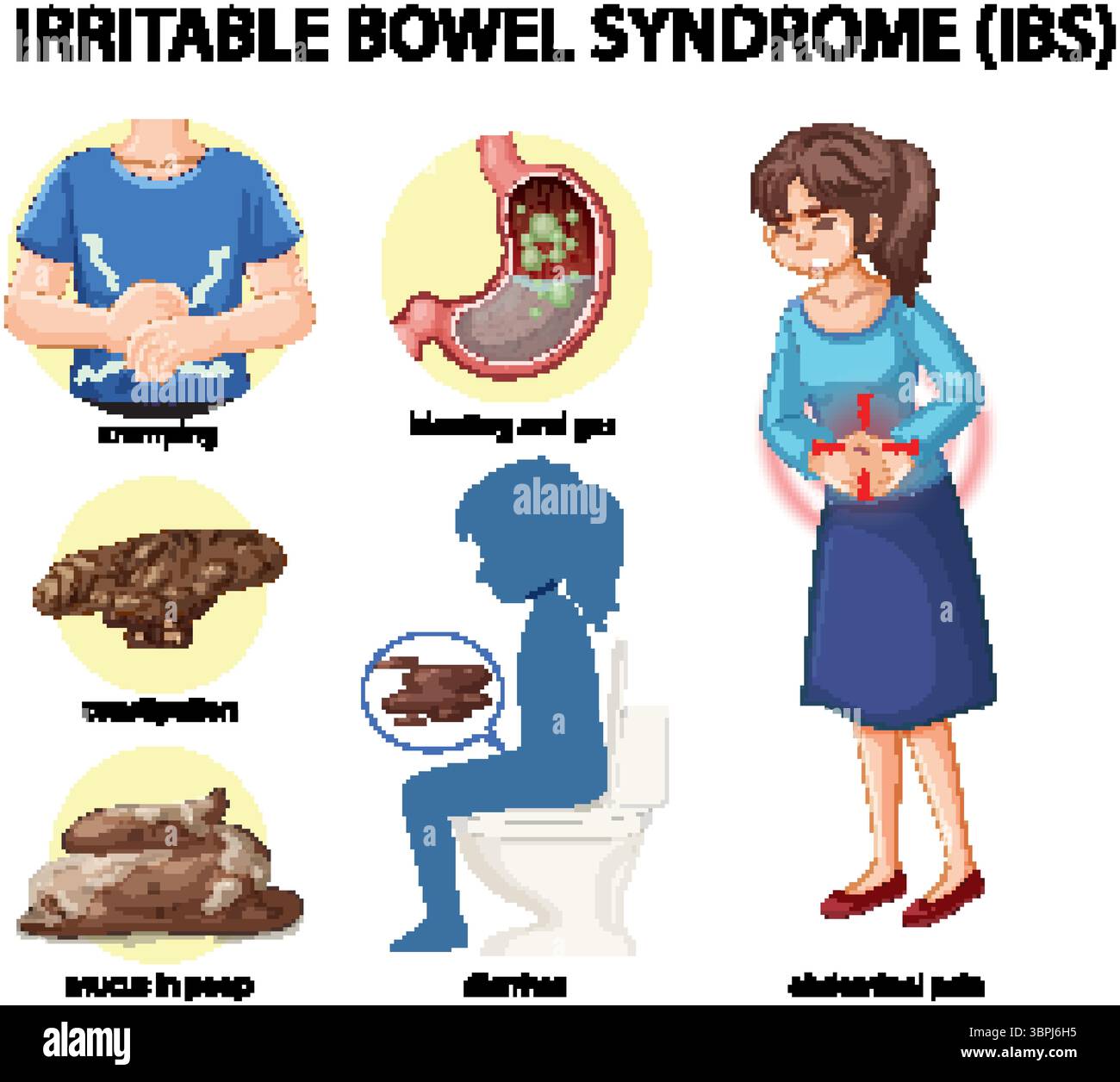 Vector illustration highlighting symptoms of IBS, including cramping ...