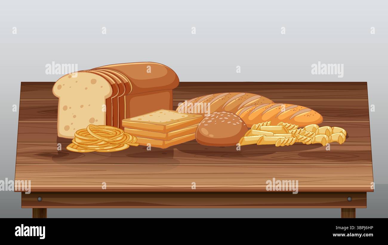 Vector illustration of various bread types arranged on a wooden table ...
