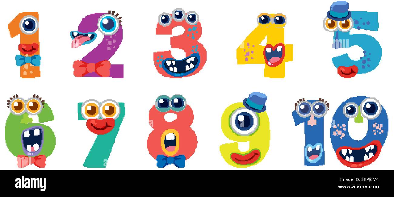 Playful numbers with monster faces, vibrant colors, and whimsical ...