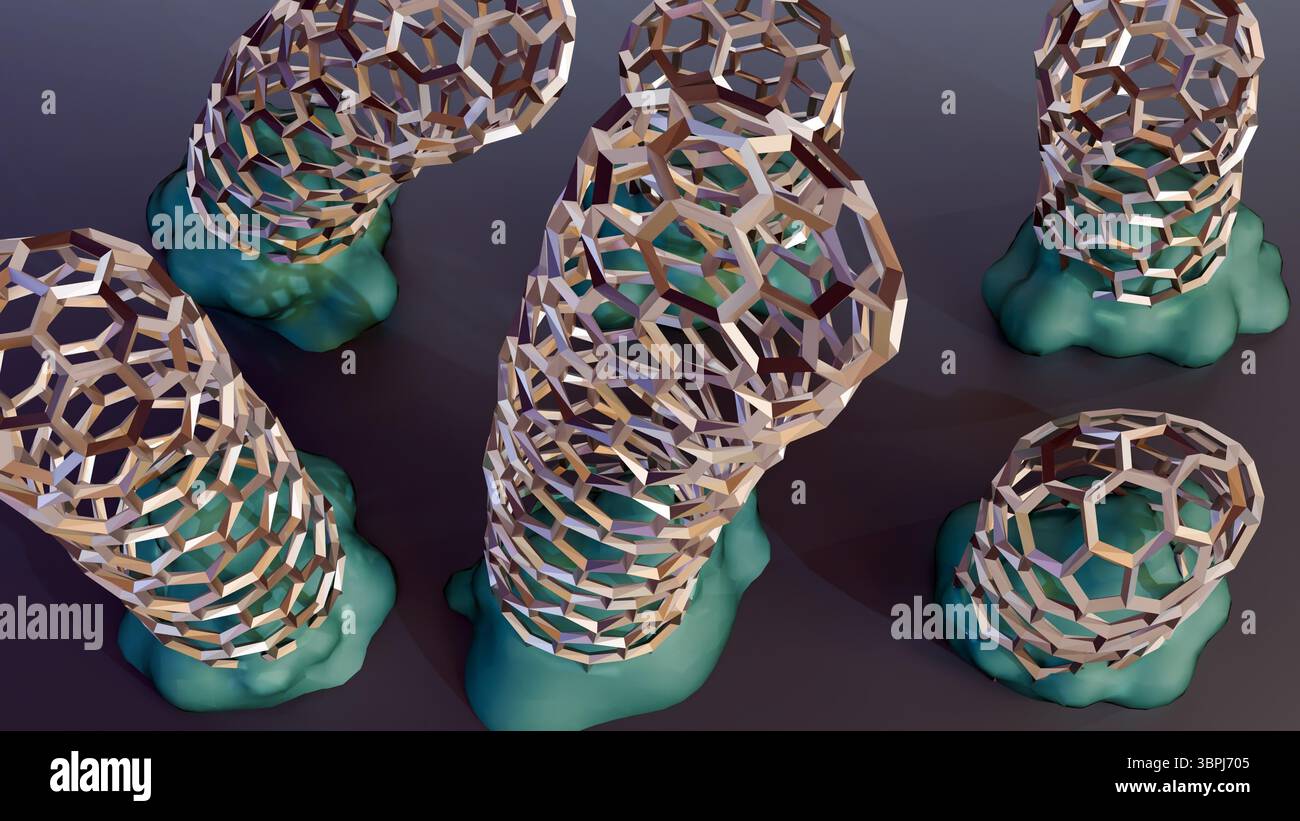 A 3D rendering showing carbon nanotubes growing from catalyst particles on a surface during ...
