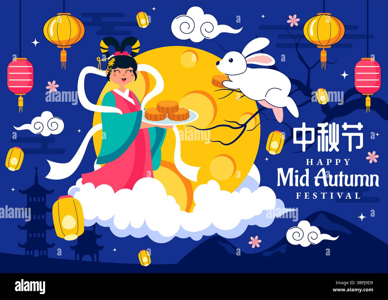 Translation : Mid Autumn Festival Vector Illustration with Rabbits ...